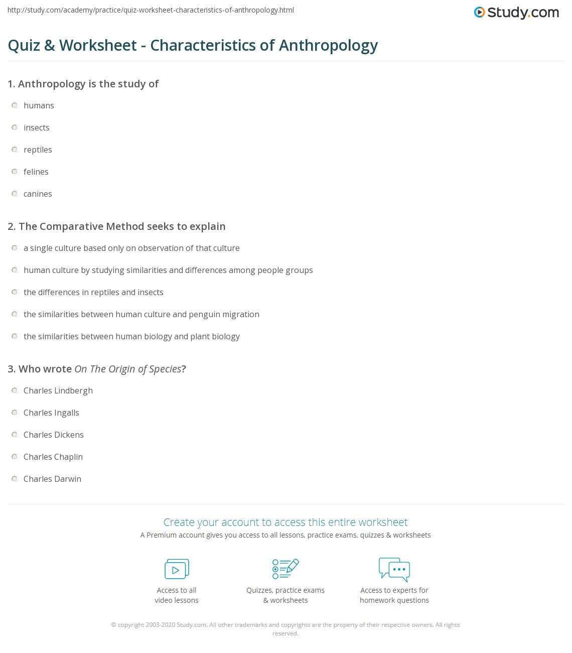 Quiz & Worksheet - Characteristics of Anthropology | Study.com