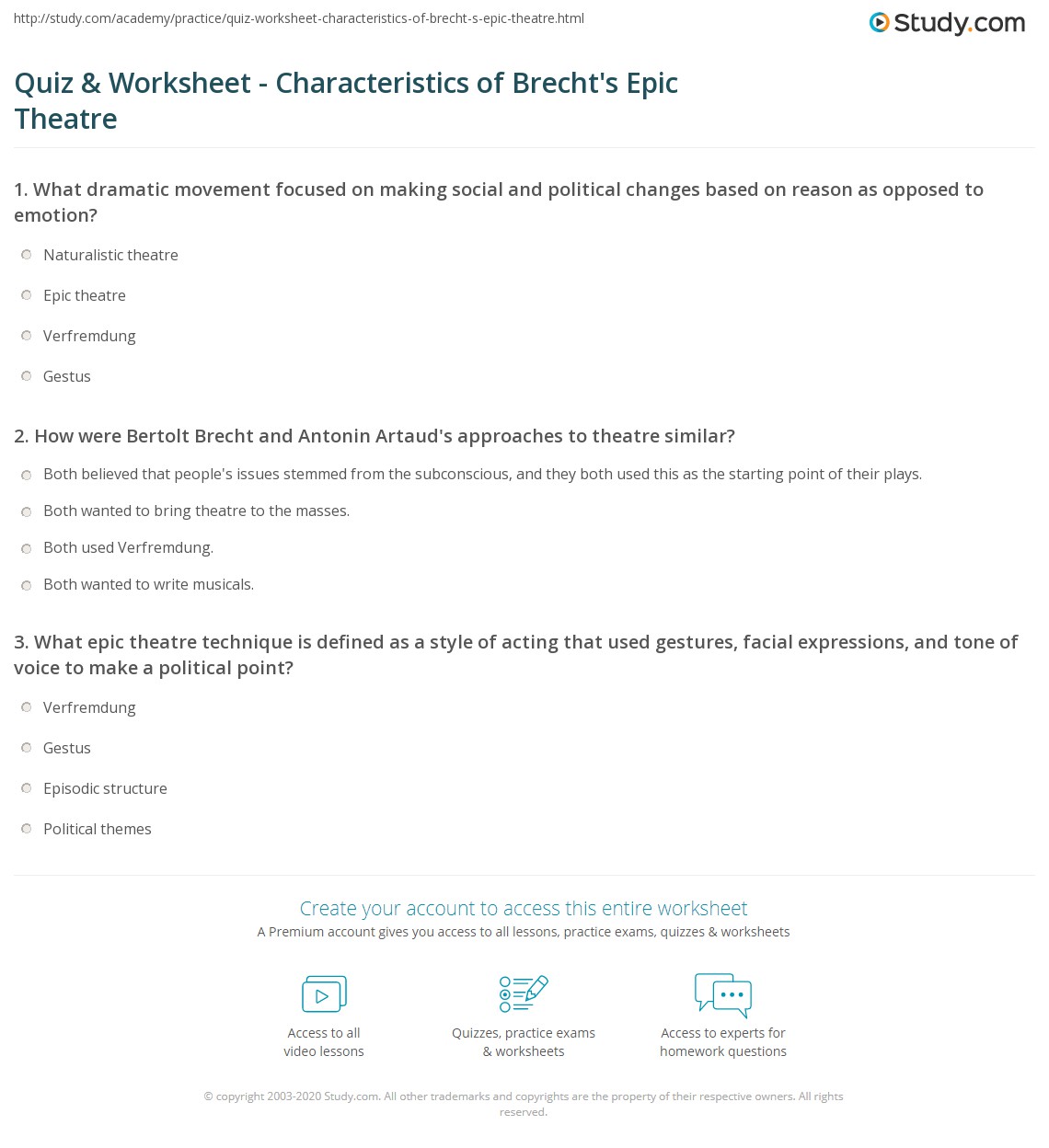 Quiz & Worksheet - Characteristics of Brecht's Epic Theatre | Study.com