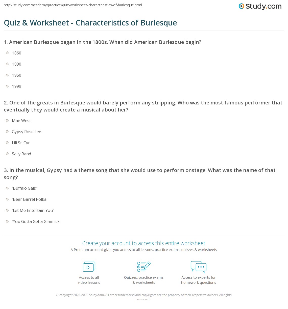 Quiz & Worksheet - Characteristics of Burlesque | Study.com