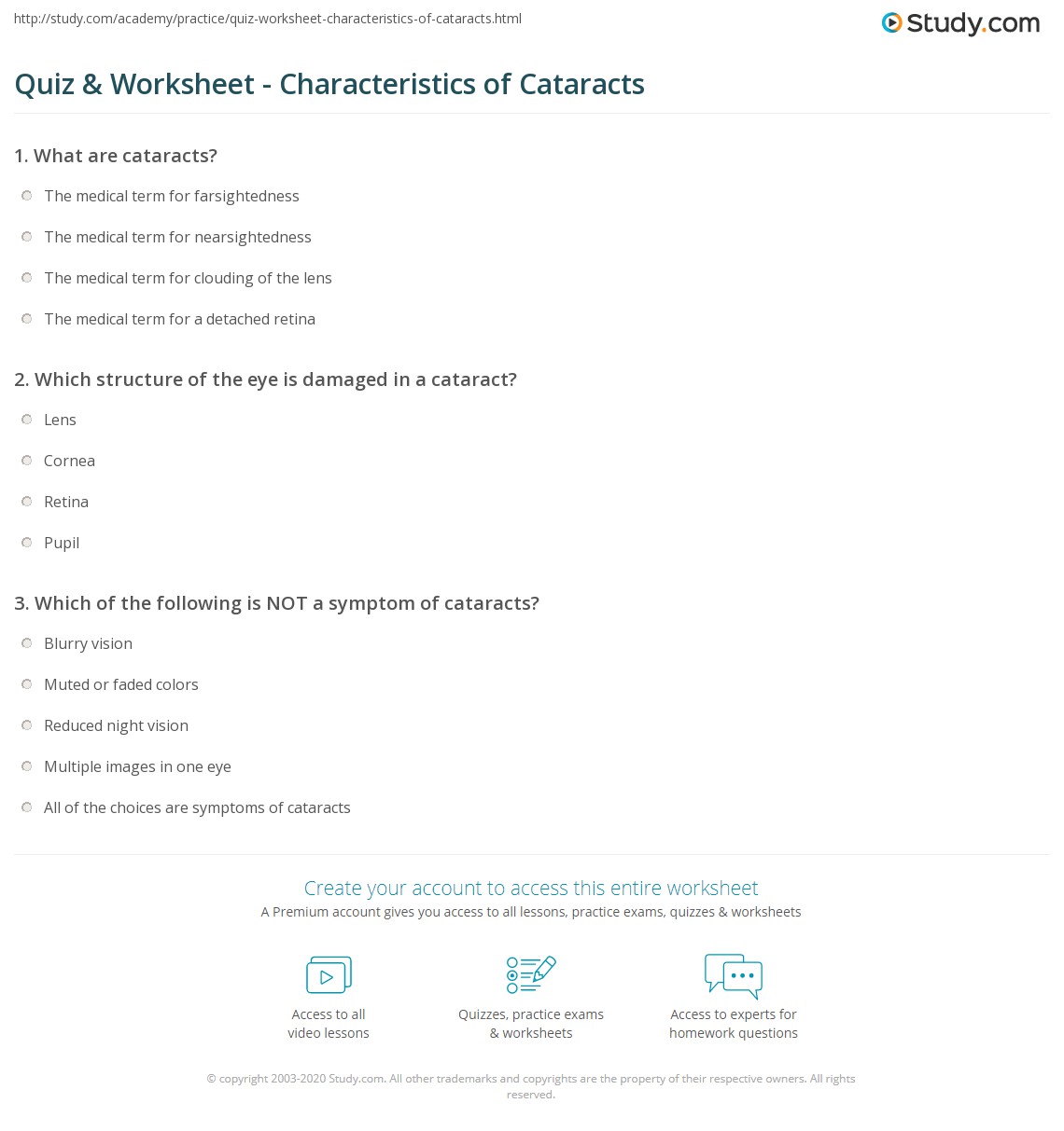 Quiz & Worksheet - Characteristics of Cataracts | Study.com