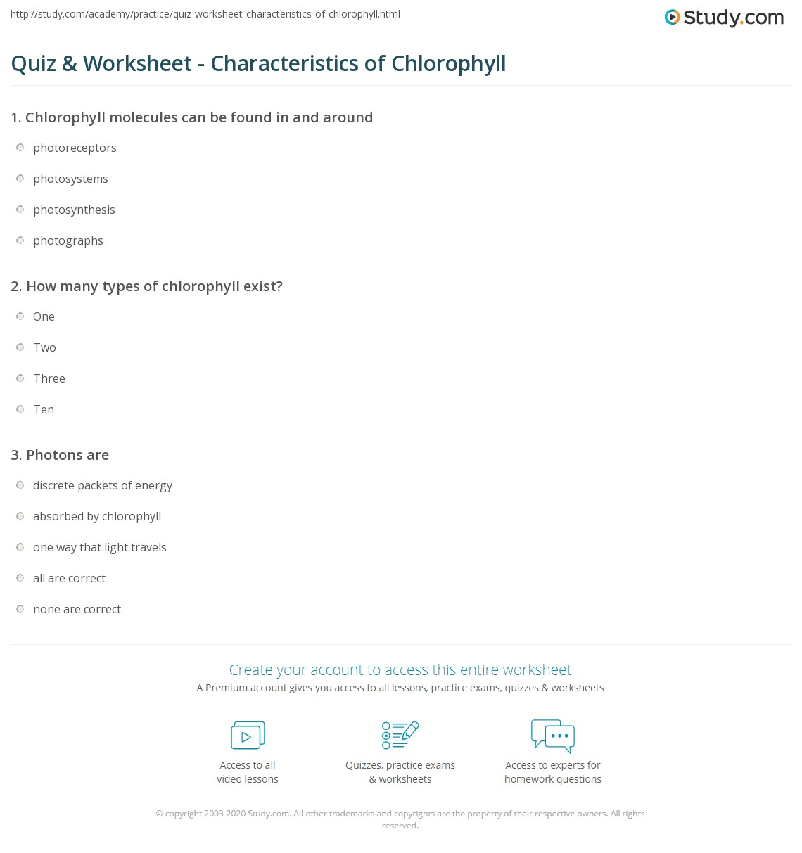 Quiz & Worksheet - Characteristics of Chlorophyll | Study.com
