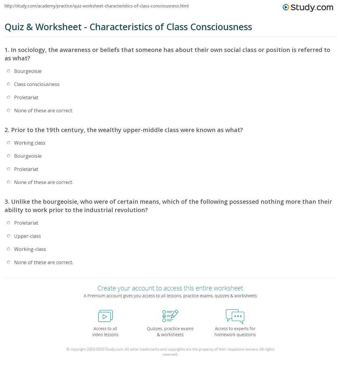 Quiz & Worksheet - Characteristics of Class Consciousness | Study.com