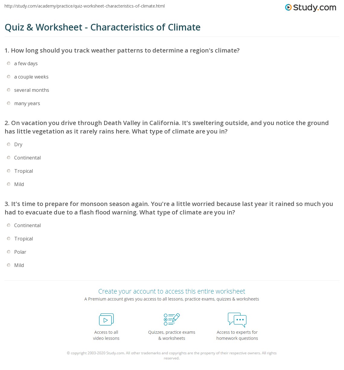 Quiz & Worksheet - Characteristics of Climate | Study.com
