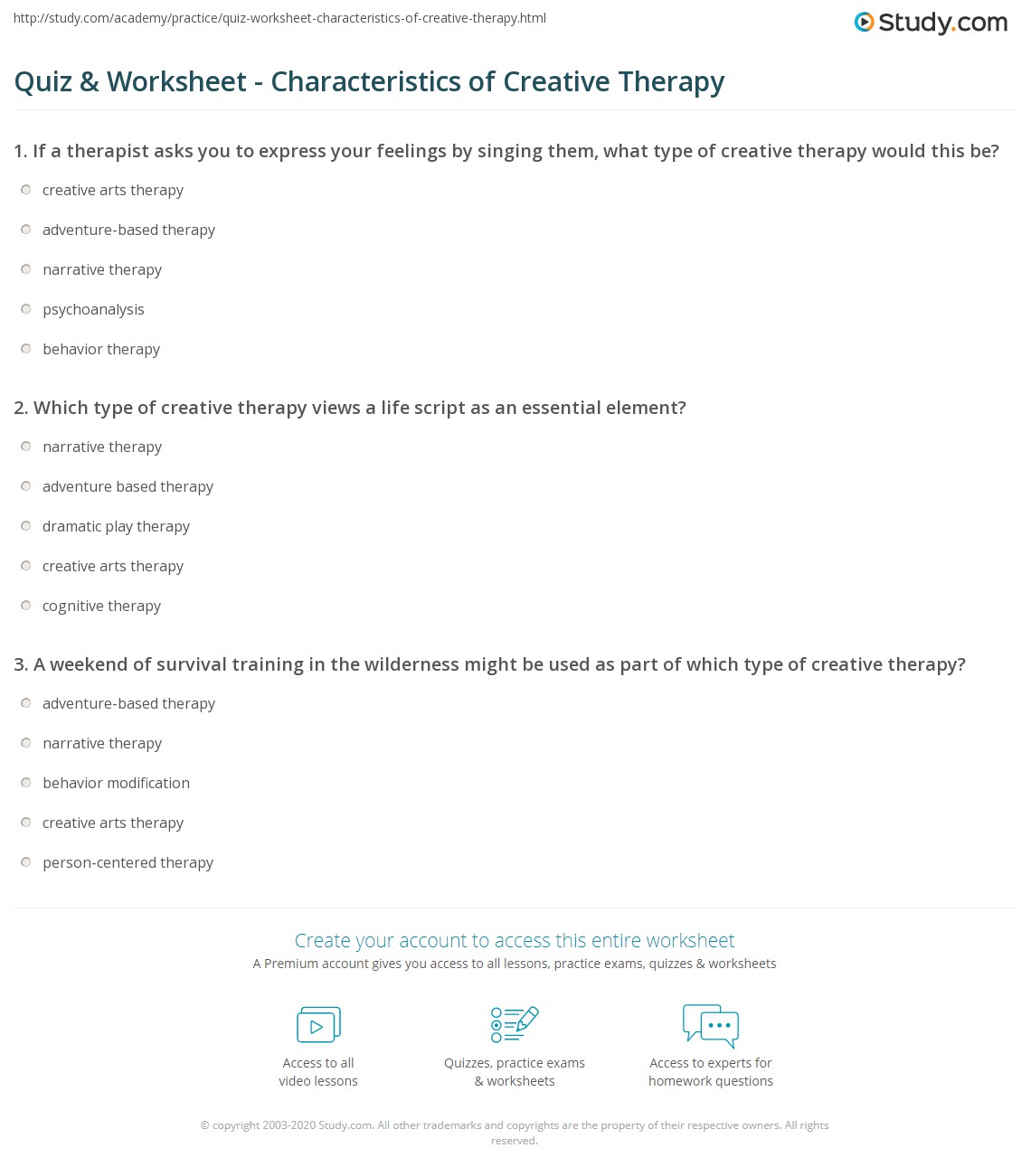 Quiz & Worksheet - Characteristics of Creative Therapy | Study.com