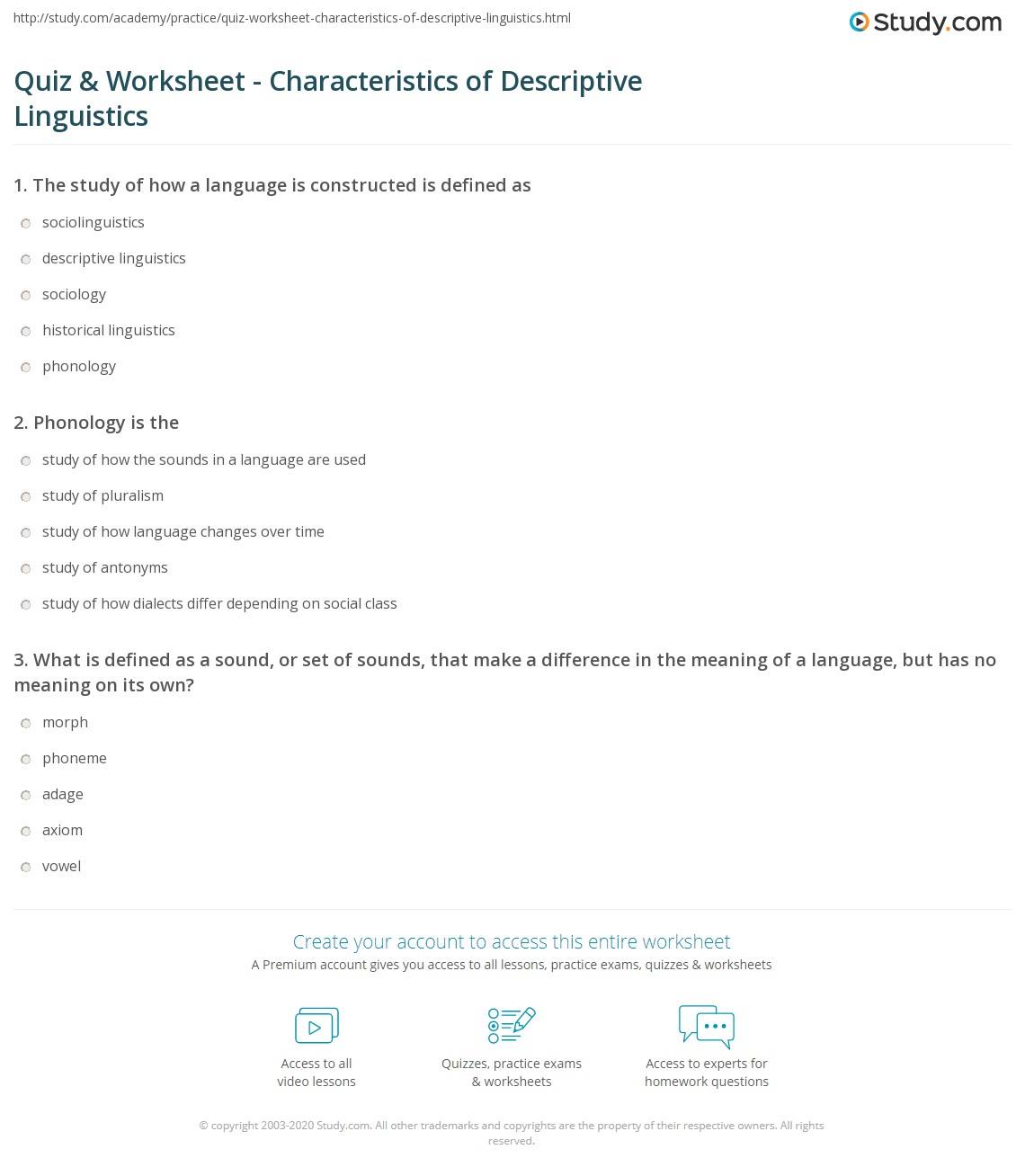 Quiz & Worksheet - Characteristics of Descriptive Linguistics | Study.com