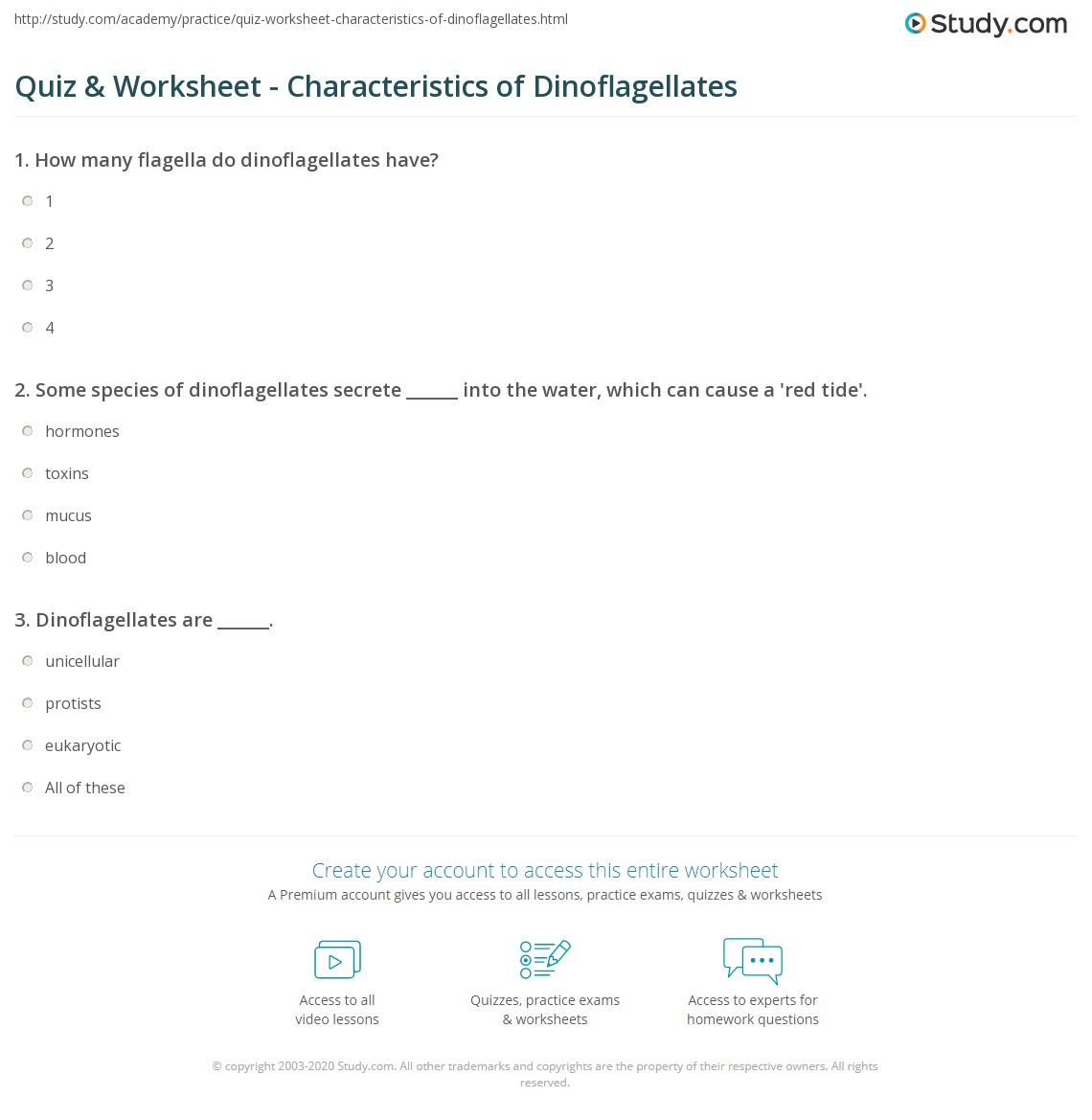 Quiz & Worksheet - Characteristics of Dinoflagellates | Study.com