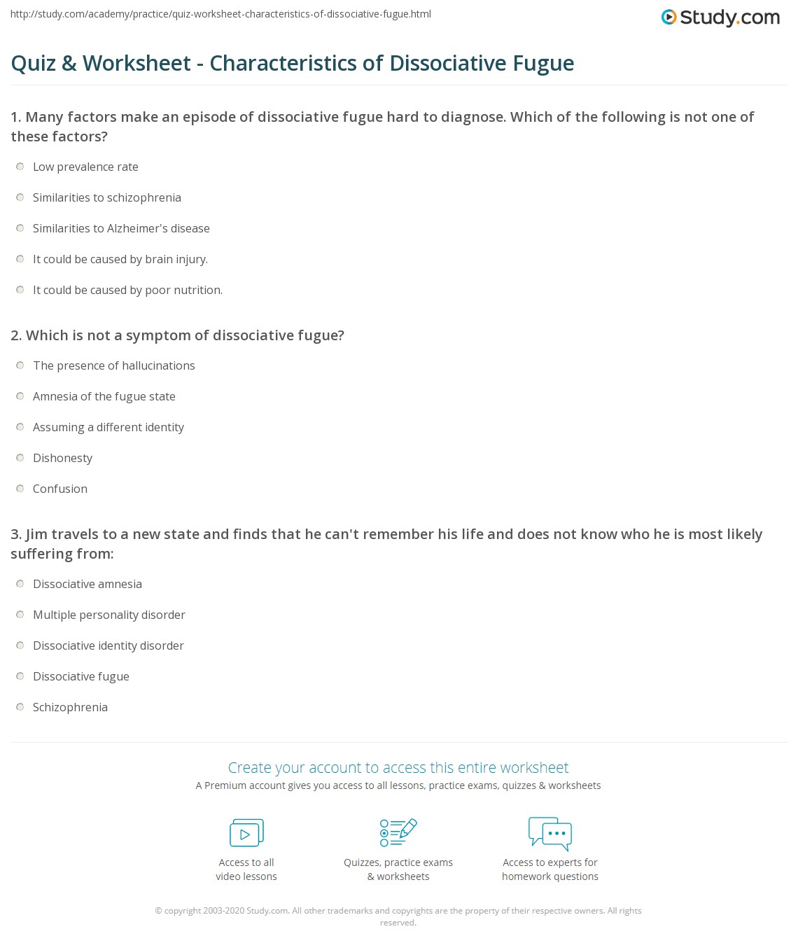 Quiz & Worksheet - Characteristics of Dissociative Fugue | Study.com