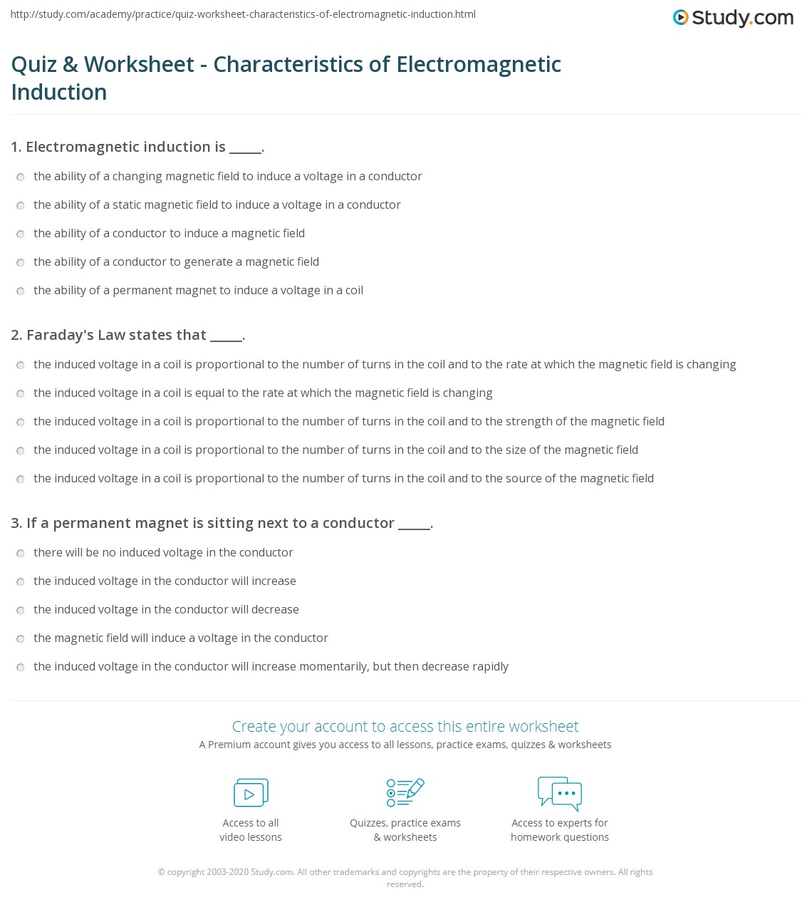 Quiz & Worksheet - Characteristics of Electromagnetic Induction | Study.com