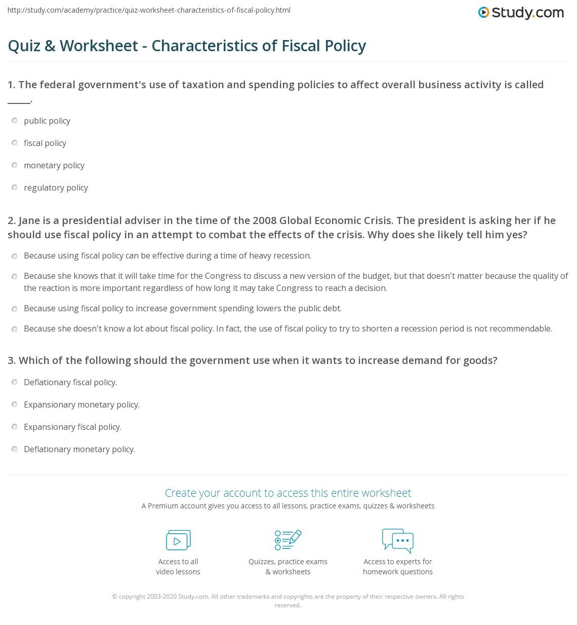 Quiz & Worksheet - Characteristics of Fiscal Policy | Study.com