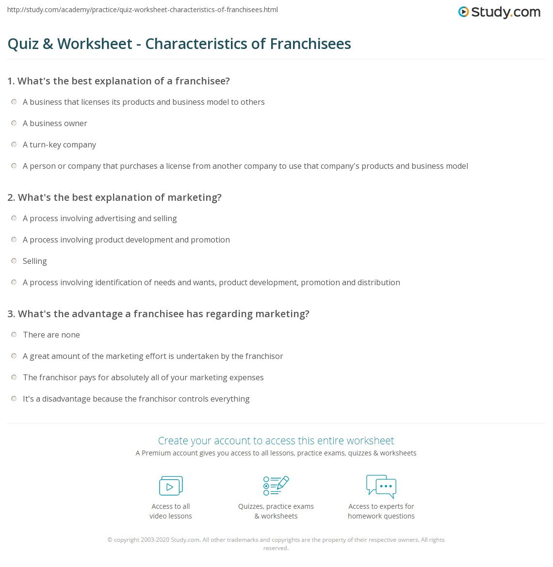 Quiz & Worksheet - Characteristics of Franchisees | Study.com