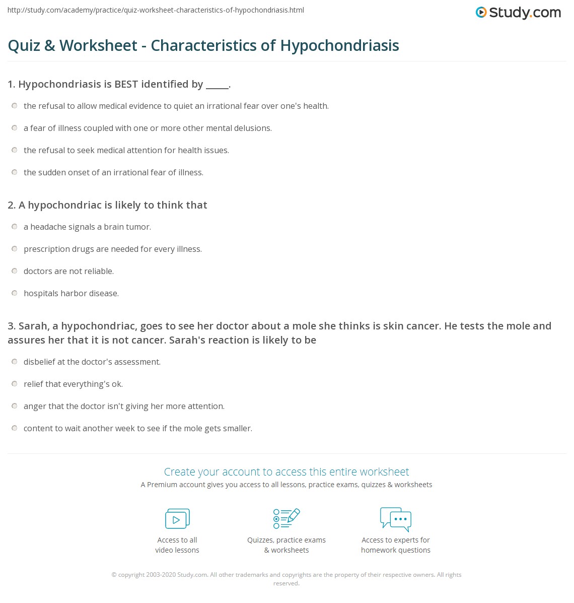 Quiz & Worksheet - Characteristics of Hypochondriasis | Study.com