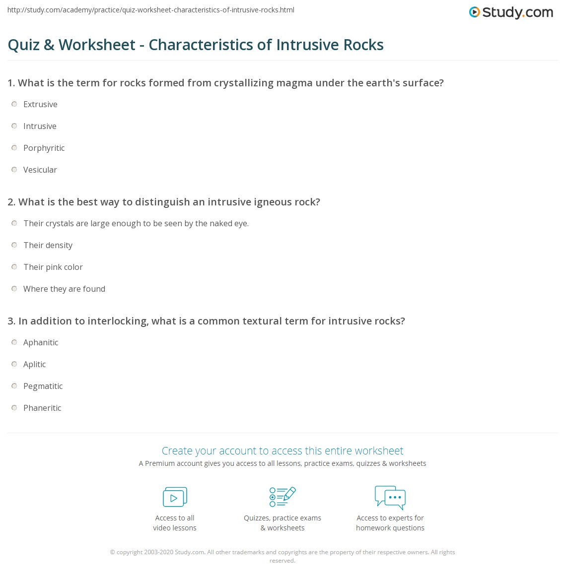 Quiz & Worksheet - Characteristics of Intrusive Rocks | Study.com