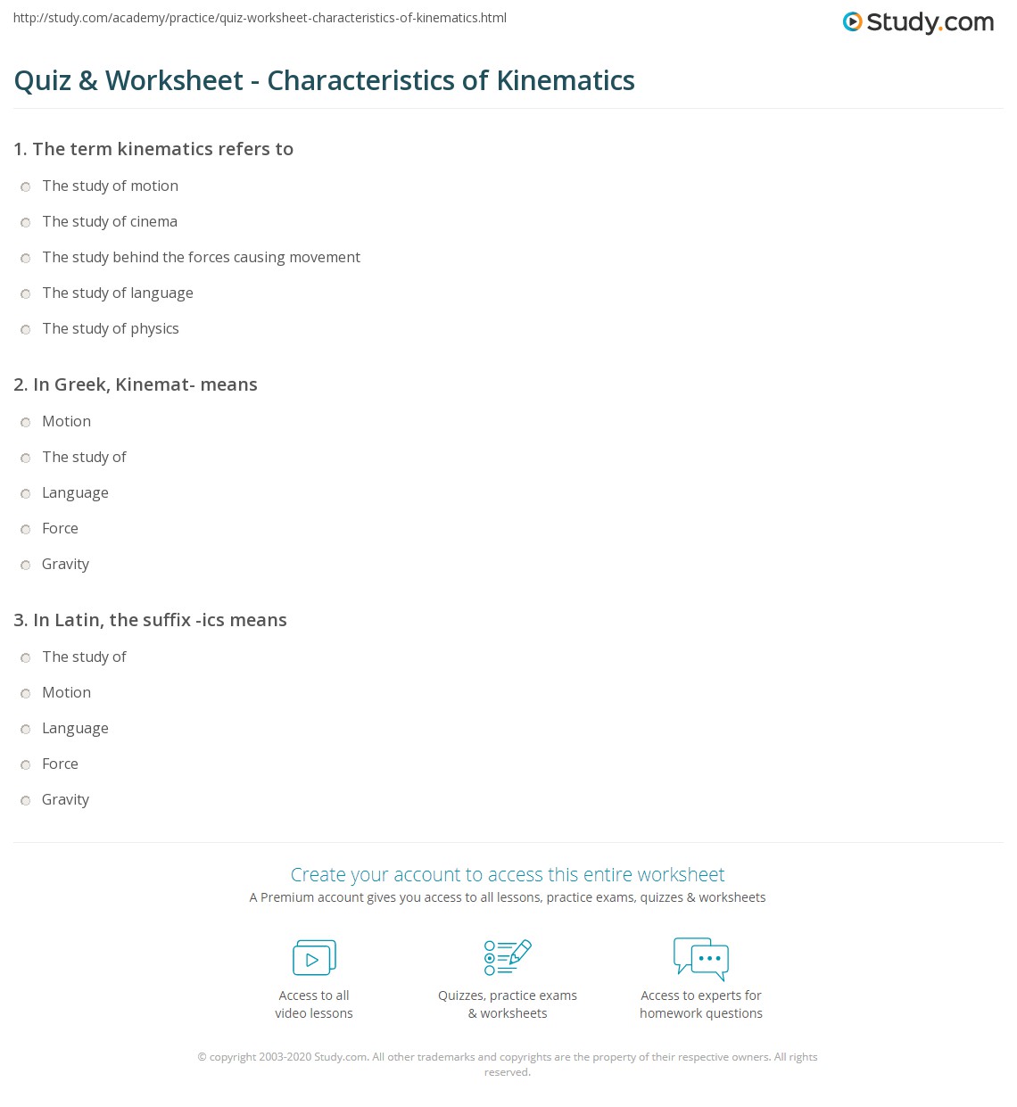 Quiz & Worksheet - Characteristics of Kinematics | Study.com