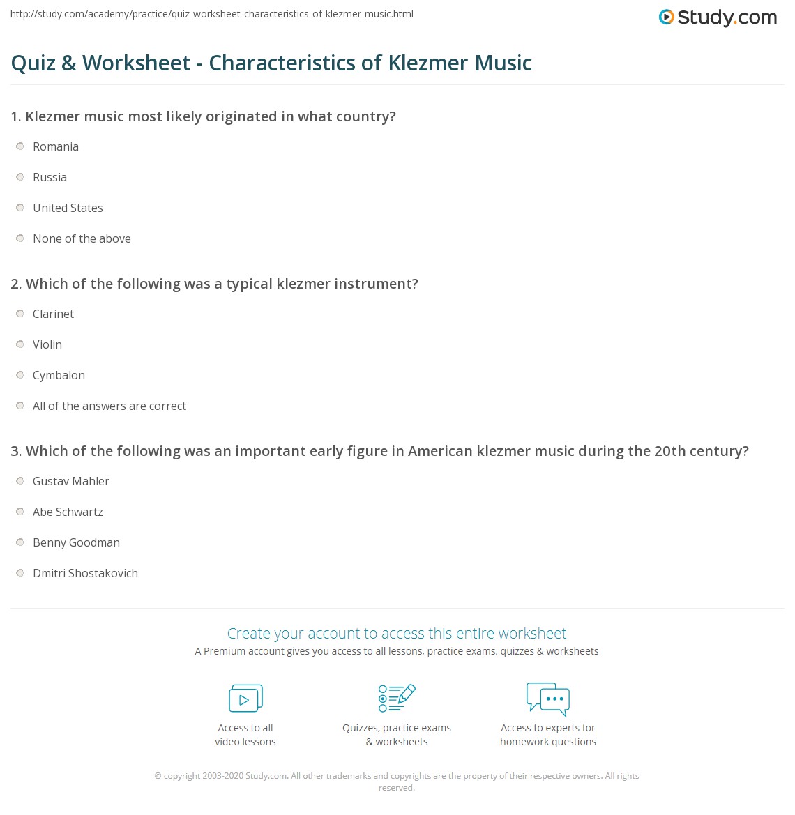 Quiz & Worksheet - Characteristics of Klezmer Music | Study.com