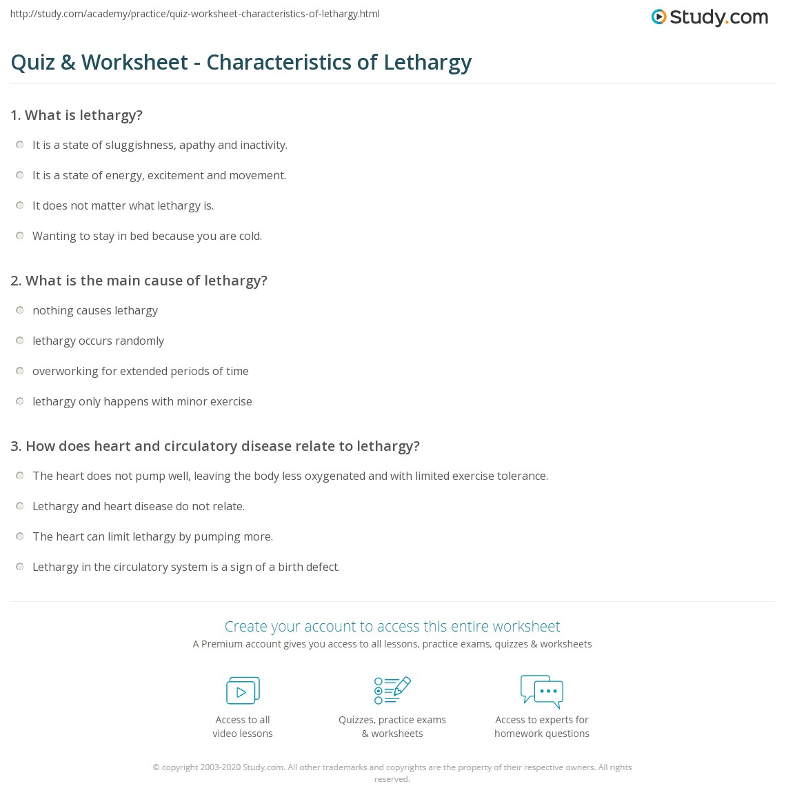 Quiz & Worksheet - Characteristics of Lethargy | Study.com