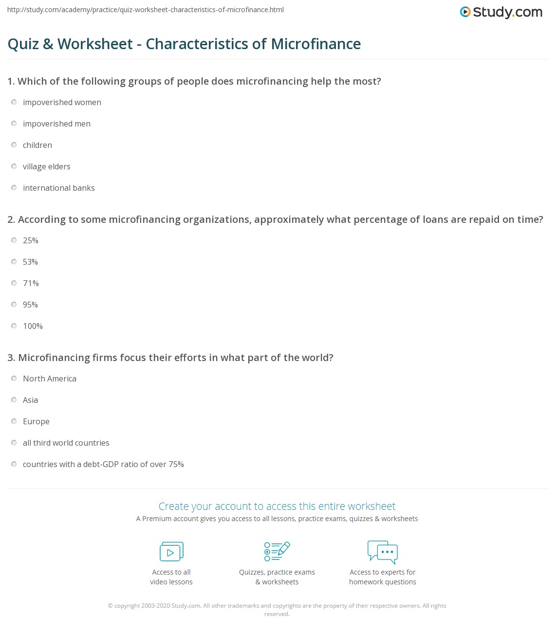 Quiz & Worksheet - Characteristics of Microfinance | Study.com