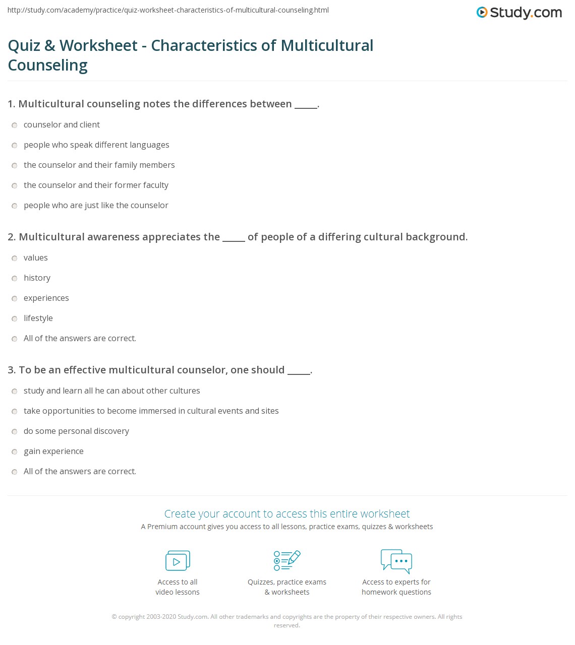 Quiz & Worksheet - Characteristics of Multicultural Counseling | Study.com