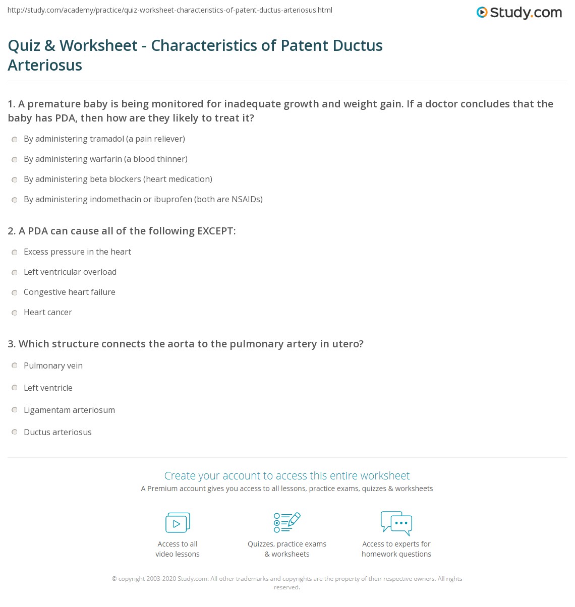 Quiz & Worksheet - Characteristics of Patent Ductus Arteriosus | Study.com