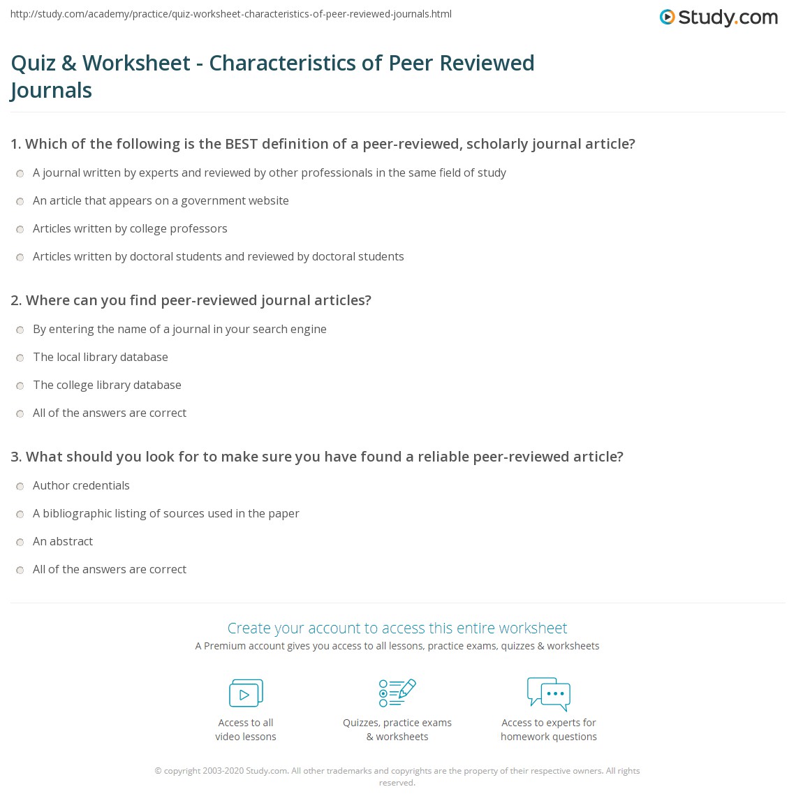 Quiz Worksheet Characteristics Of Peer Reviewed Journals Study