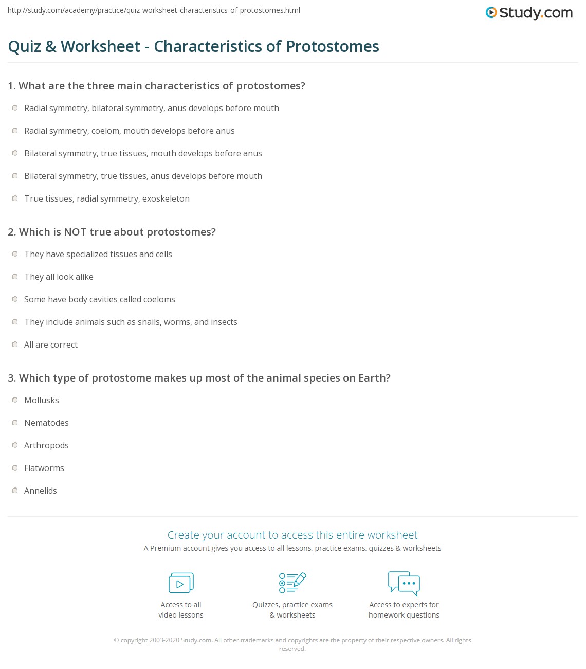 Quiz & Worksheet - Characteristics of Protostomes | Study.com