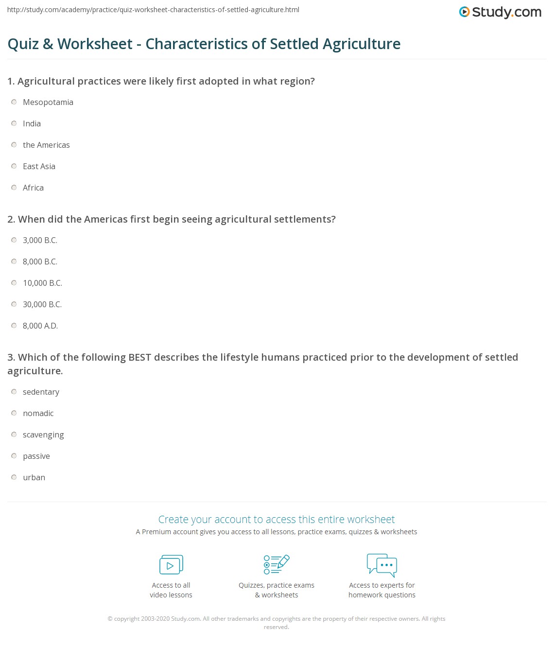 Quiz & Worksheet - Characteristics of Settled Agriculture | Study.com