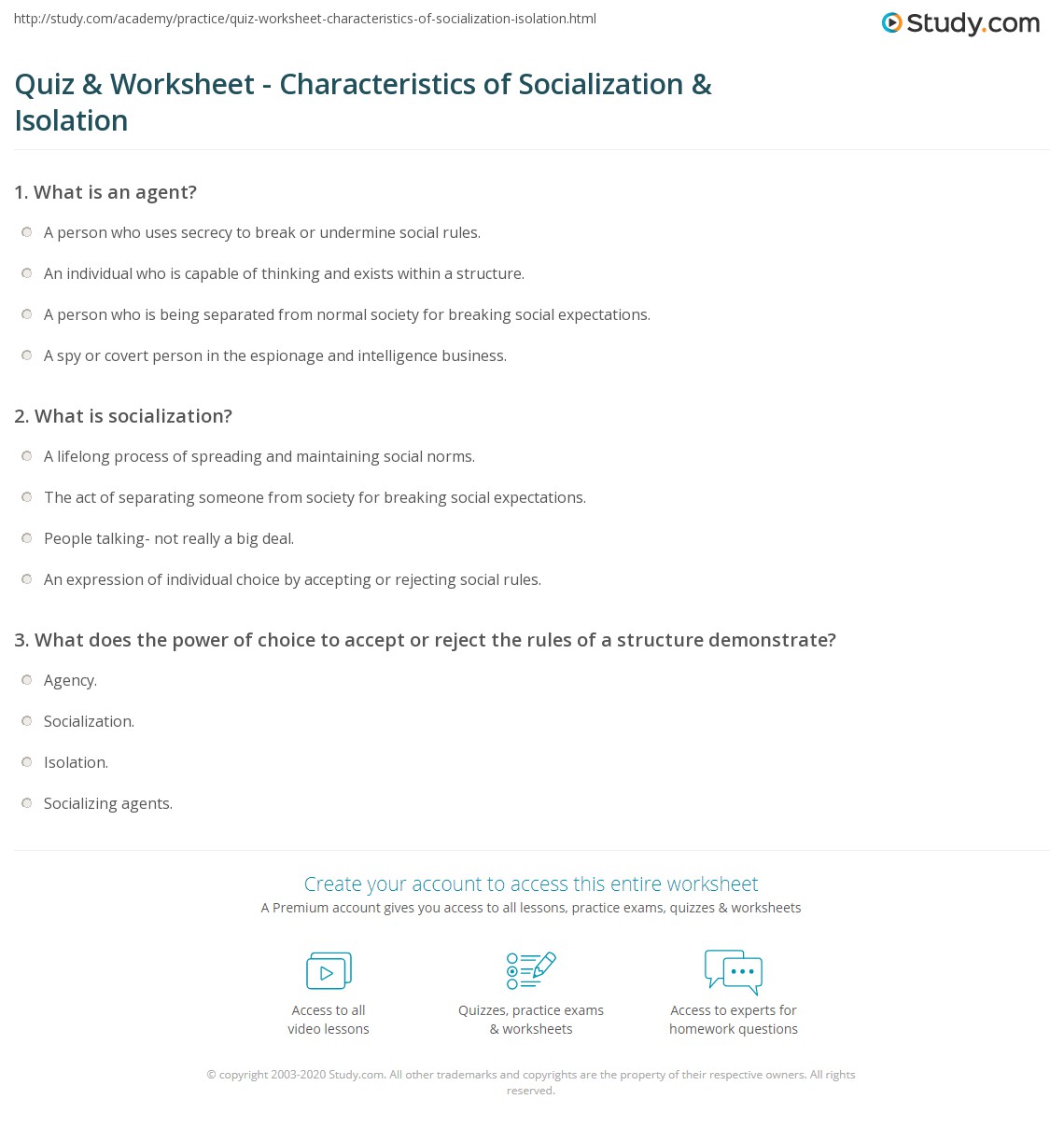 Quiz & Worksheet - Characteristics of Socialization & Isolation | Study.com