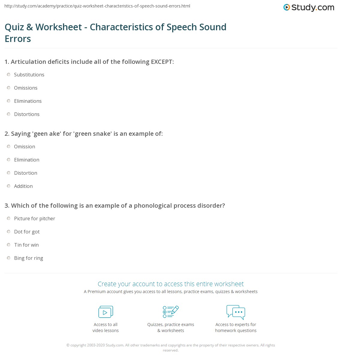 Quiz & Worksheet - Characteristics of Speech Sound Errors | Study.com