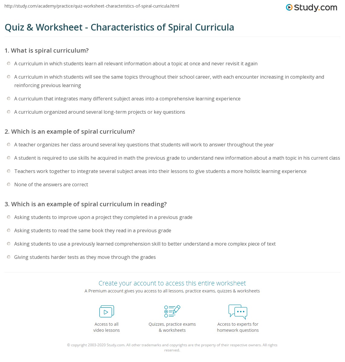 Quiz & Worksheet - Characteristics of Spiral Curricula | Study.com