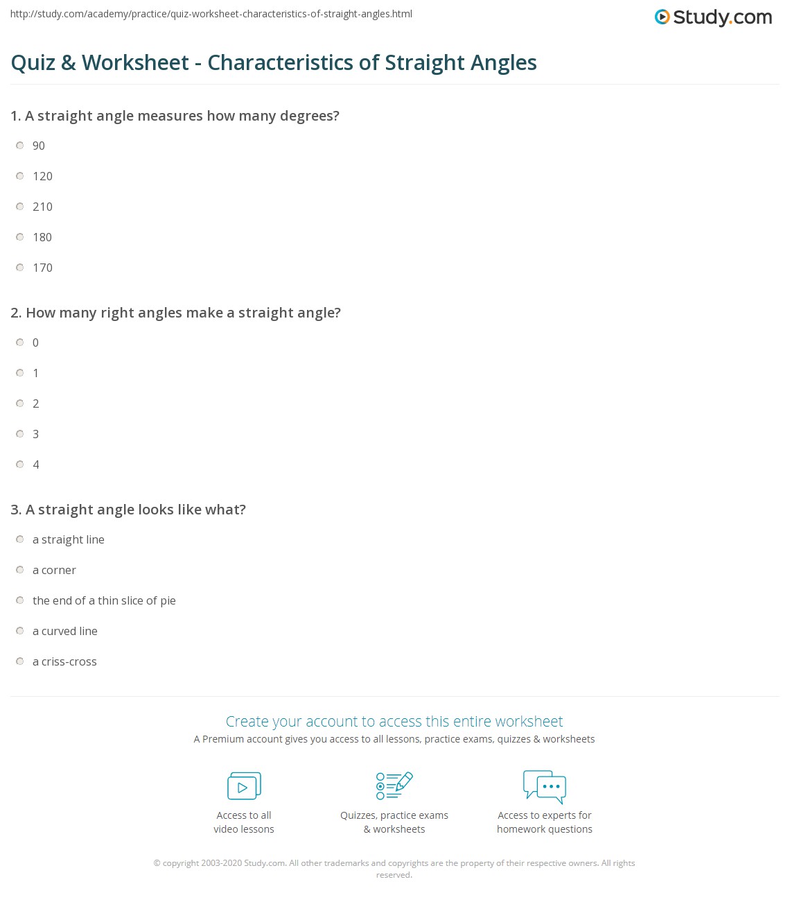 Quiz & Worksheet - Characteristics of Straight Angles | Study.com