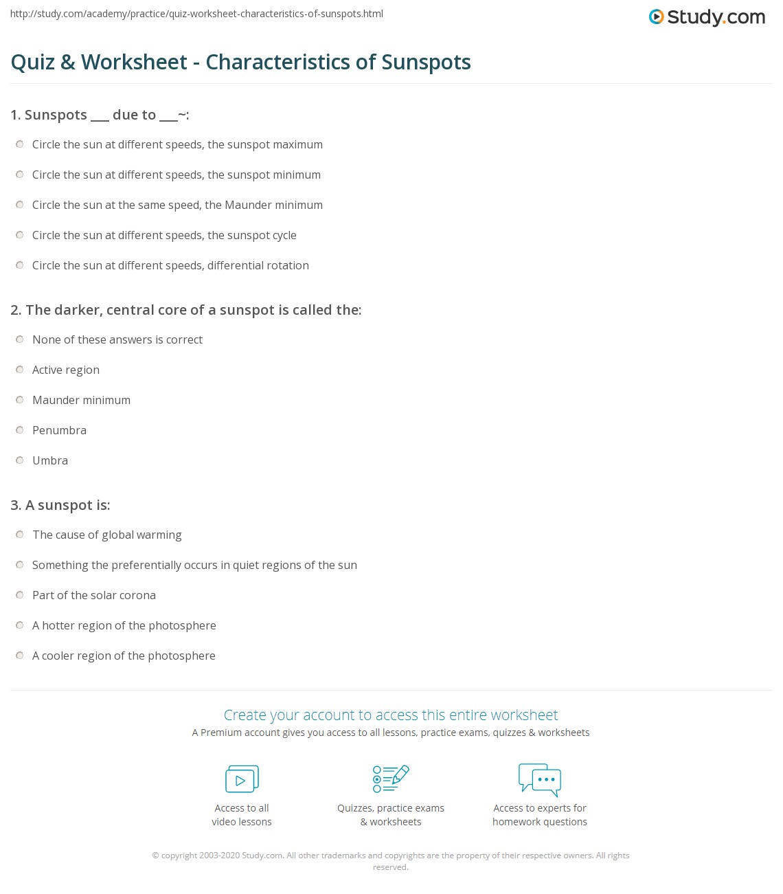 Quiz & Worksheet - Characteristics of Sunspots | Study.com