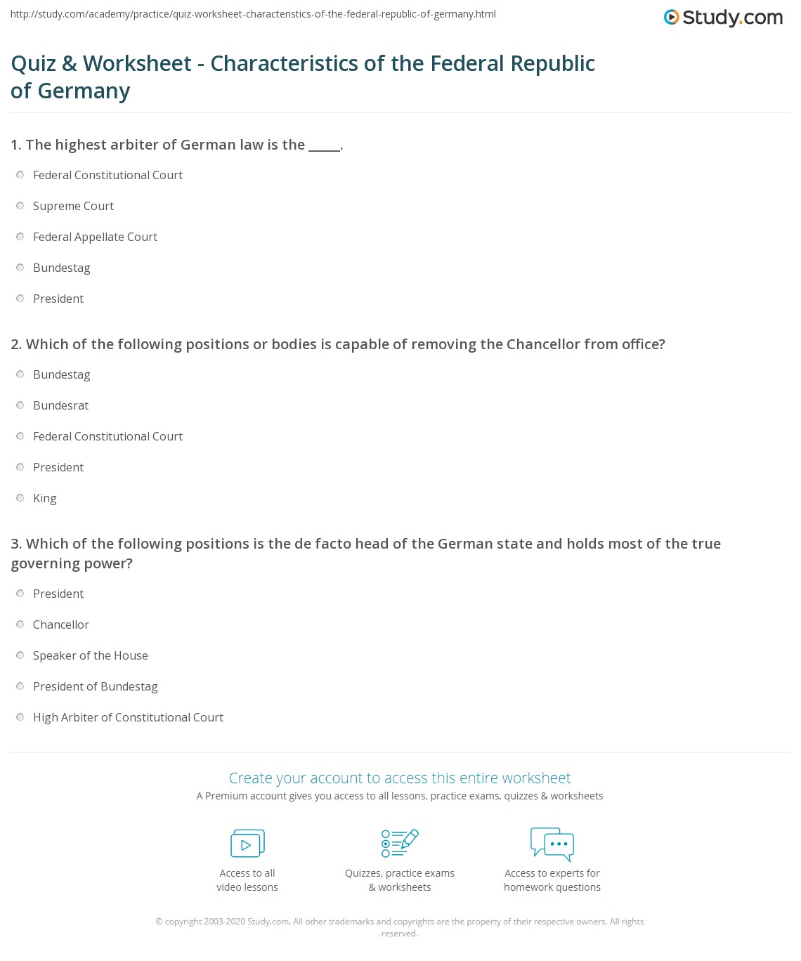 Quiz & Worksheet - Characteristics of the Federal Republic of Germany ...