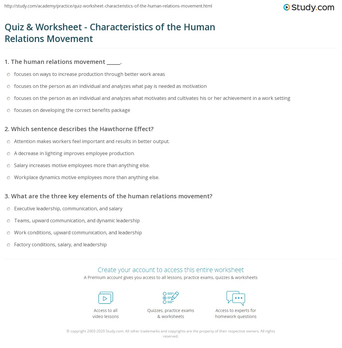 Quiz & Worksheet - Characteristics of the Human Relations Movement ...