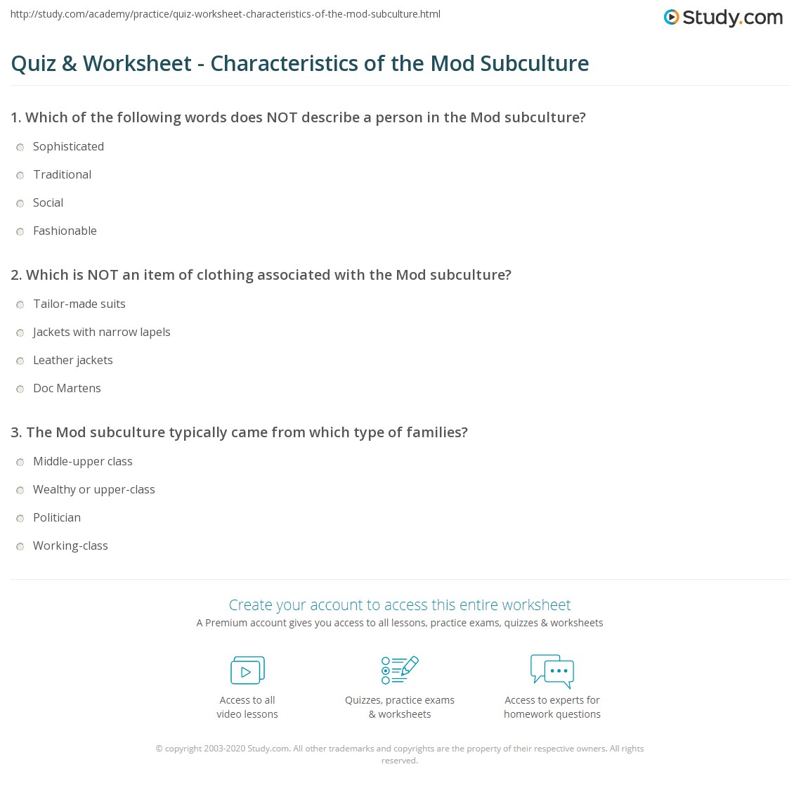 Quiz & Worksheet - Characteristics of the Mod Subculture | Study.com