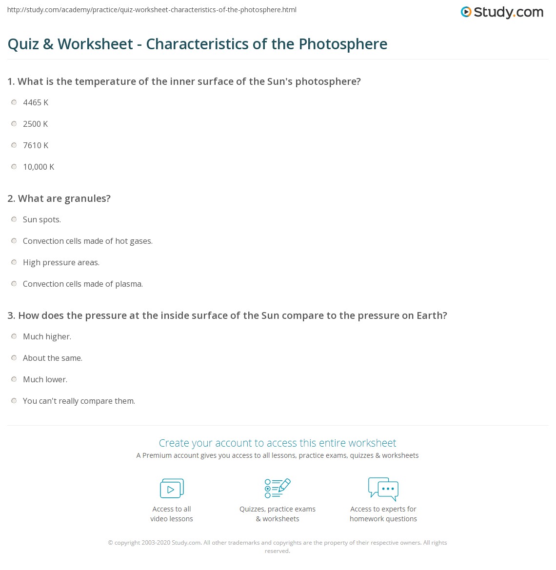 Quiz & Worksheet - Characteristics of the Photosphere | Study.com