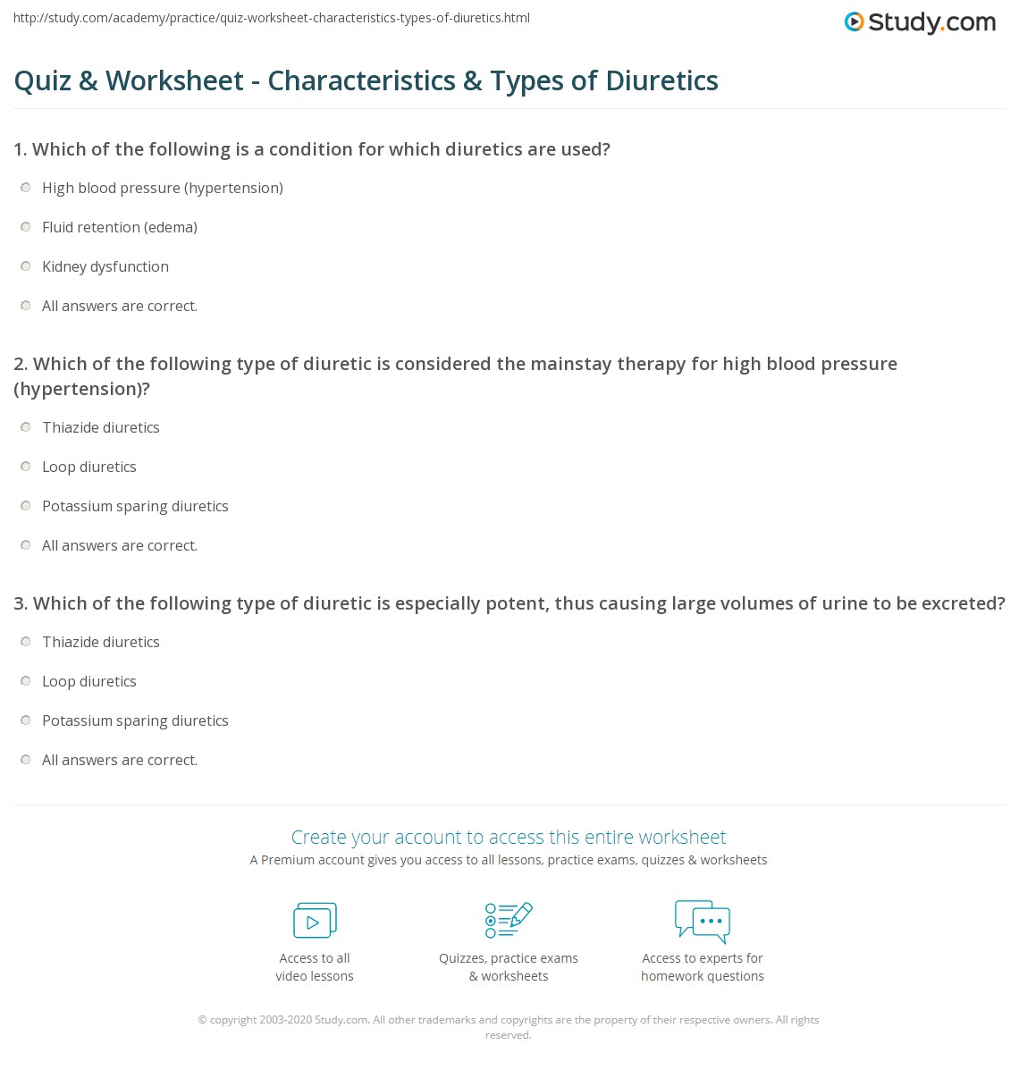 Quiz & Worksheet - Characteristics & Types of Diuretics | Study.com