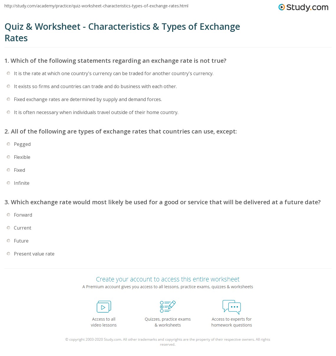 Quiz & Worksheet - Characteristics & Types of Exchange Rates | Study.com
