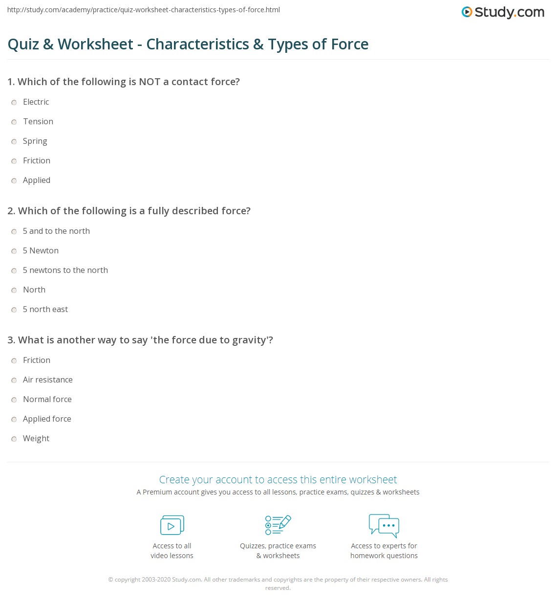 Quiz Worksheet Characteristics Types Of Force Study
