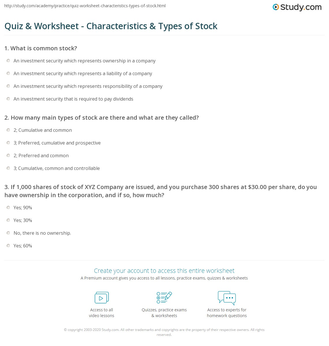 Quiz & Worksheet - Characteristics & Types of Stock | Study.com