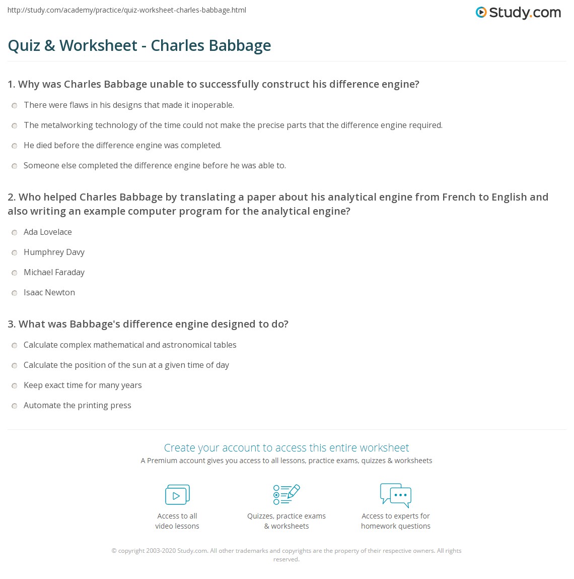 Quiz & Worksheet - Charles Babbage | Study.com