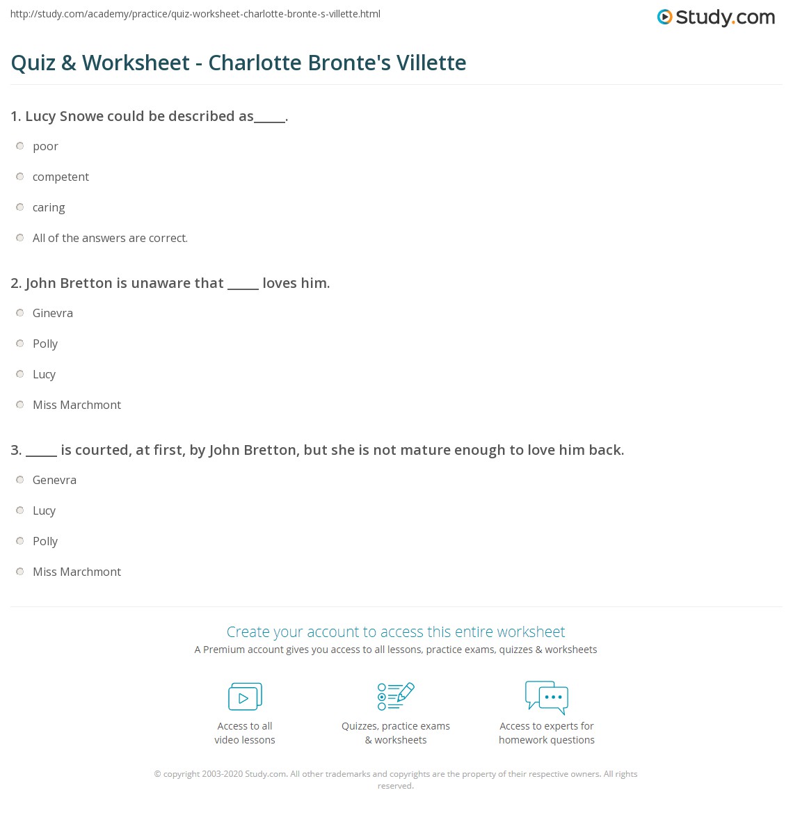 Quiz & Worksheet - Charlotte Bronte's Villette | Study.com