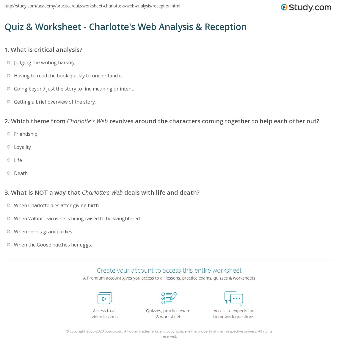 Quiz & Worksheet - Charlotte's Web Analysis & Reception | Study.com