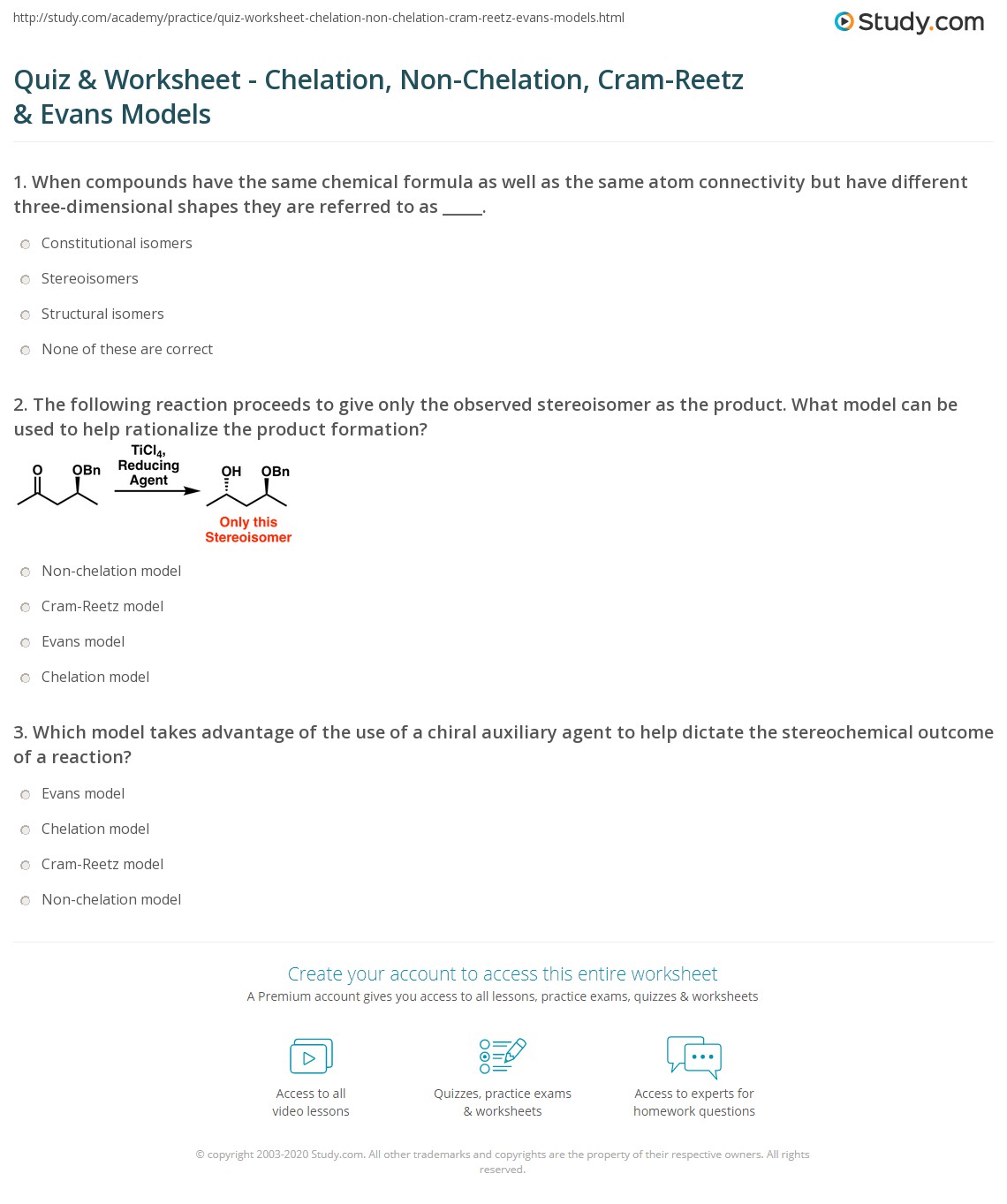 Quiz & Worksheet - Chelation, Non-Chelation, Cram-Reetz & Evans Models ...