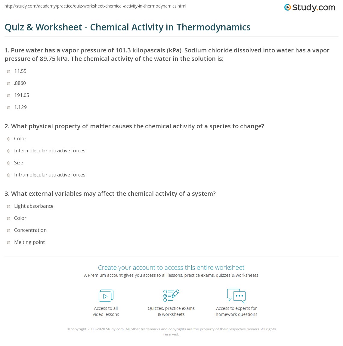 Quiz & Worksheet - Chemical Activity in Thermodynamics | Study.com