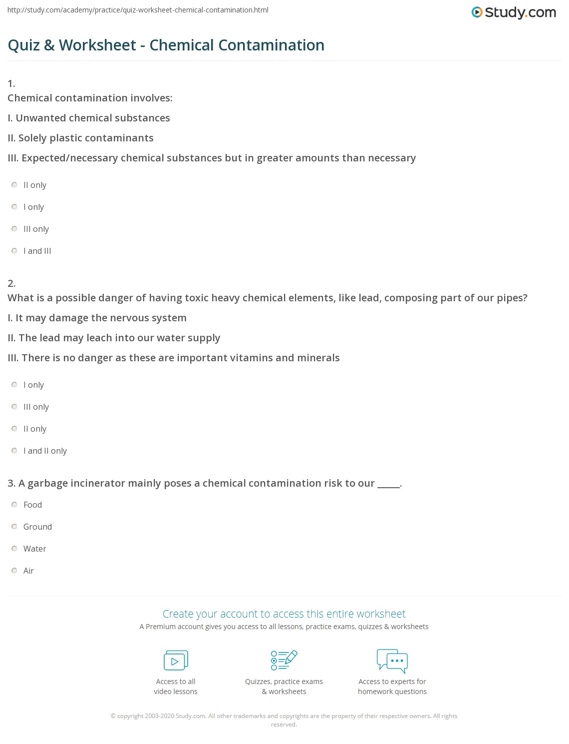 Quiz & Worksheet - Chemical Contamination | Study.com