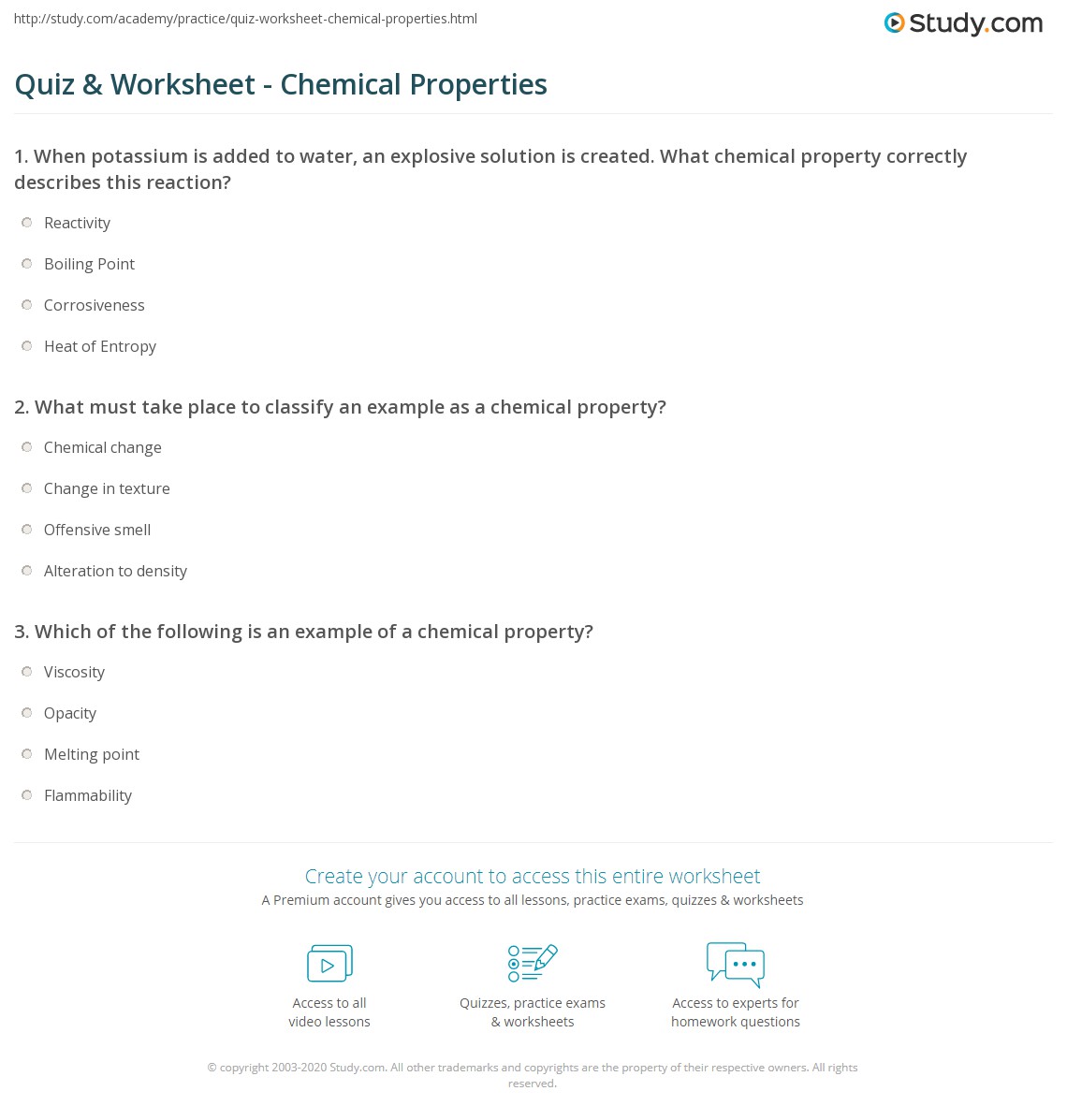 Quiz & Worksheet - Chemical Properties | Study.com
