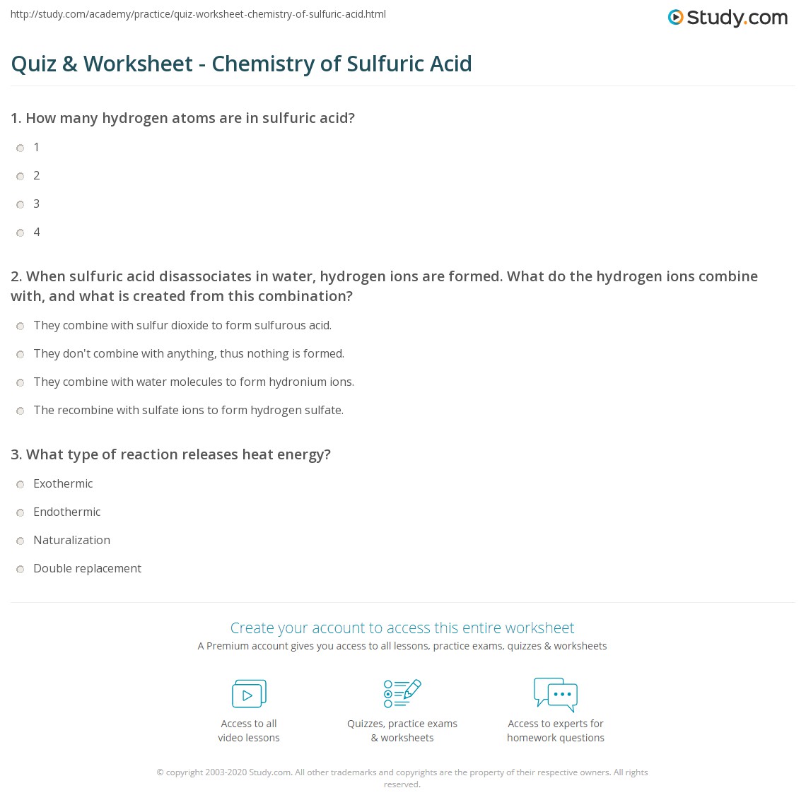 Quiz & Worksheet - Chemistry of Sulfuric Acid | Study.com