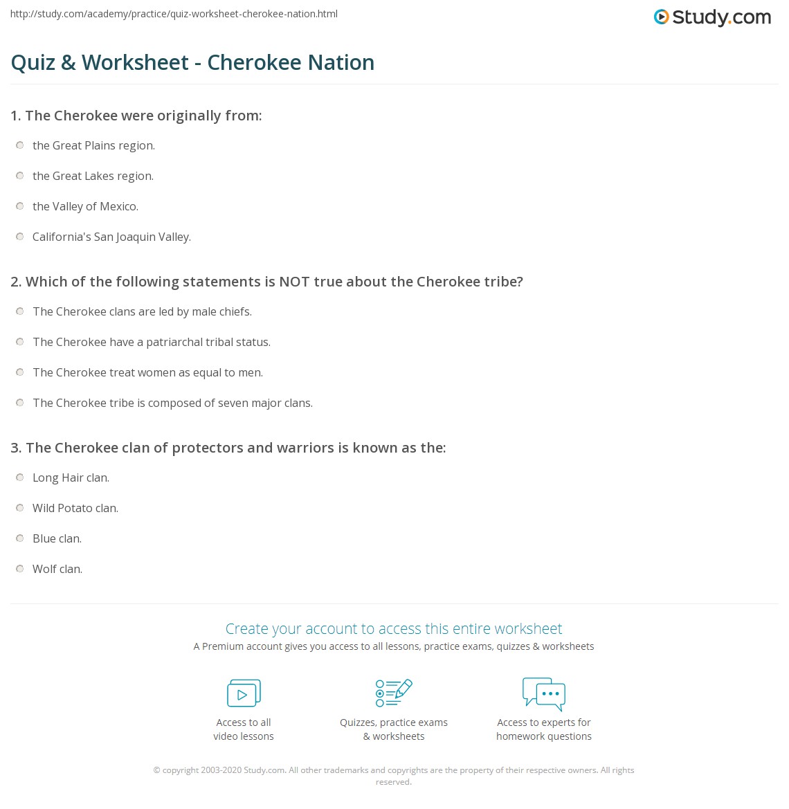 Quiz & Worksheet - Cherokee Nation | Study.com