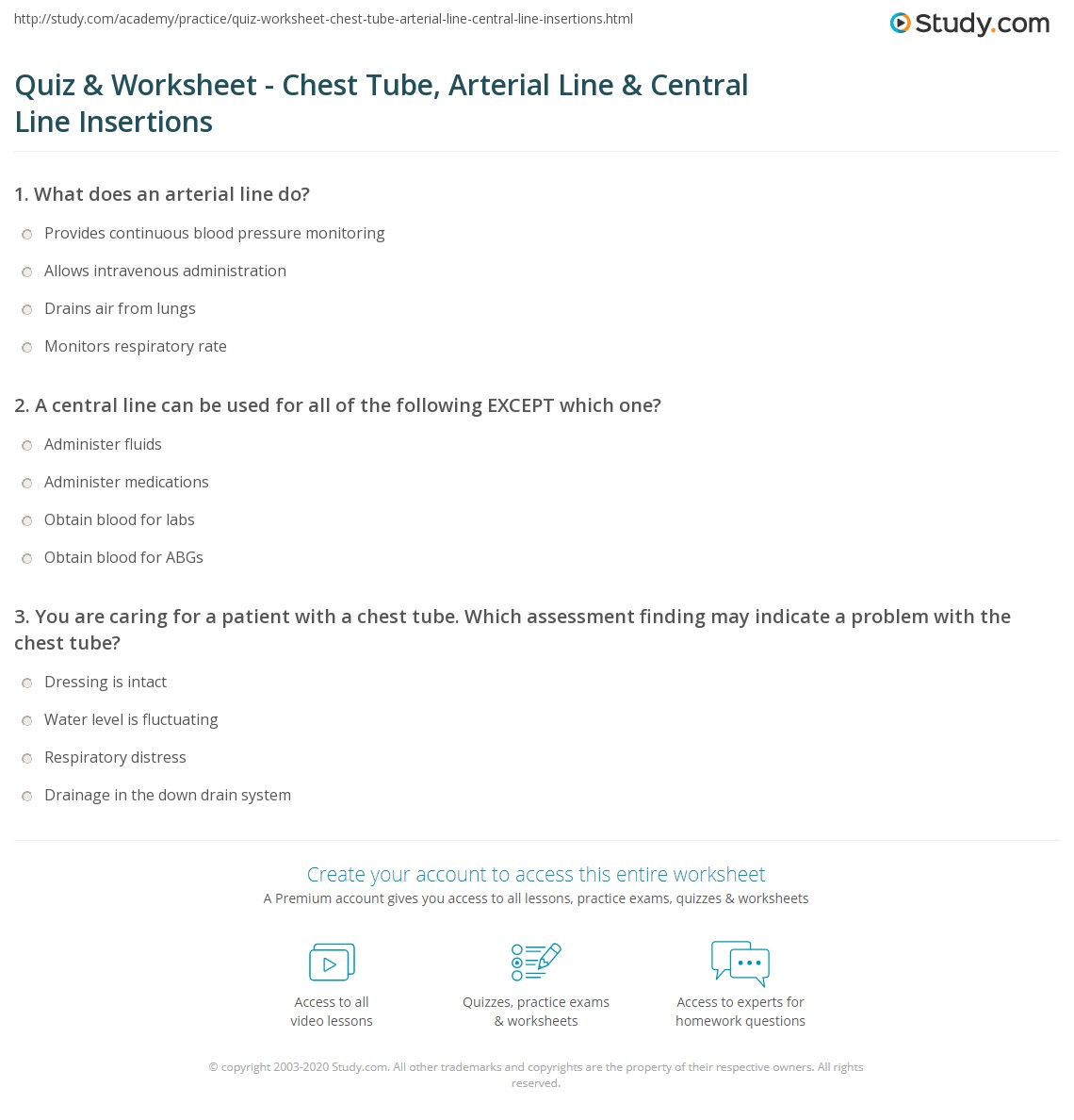 Quiz & Worksheet - Chest Tube, Arterial Line & Central Line Insertions ...