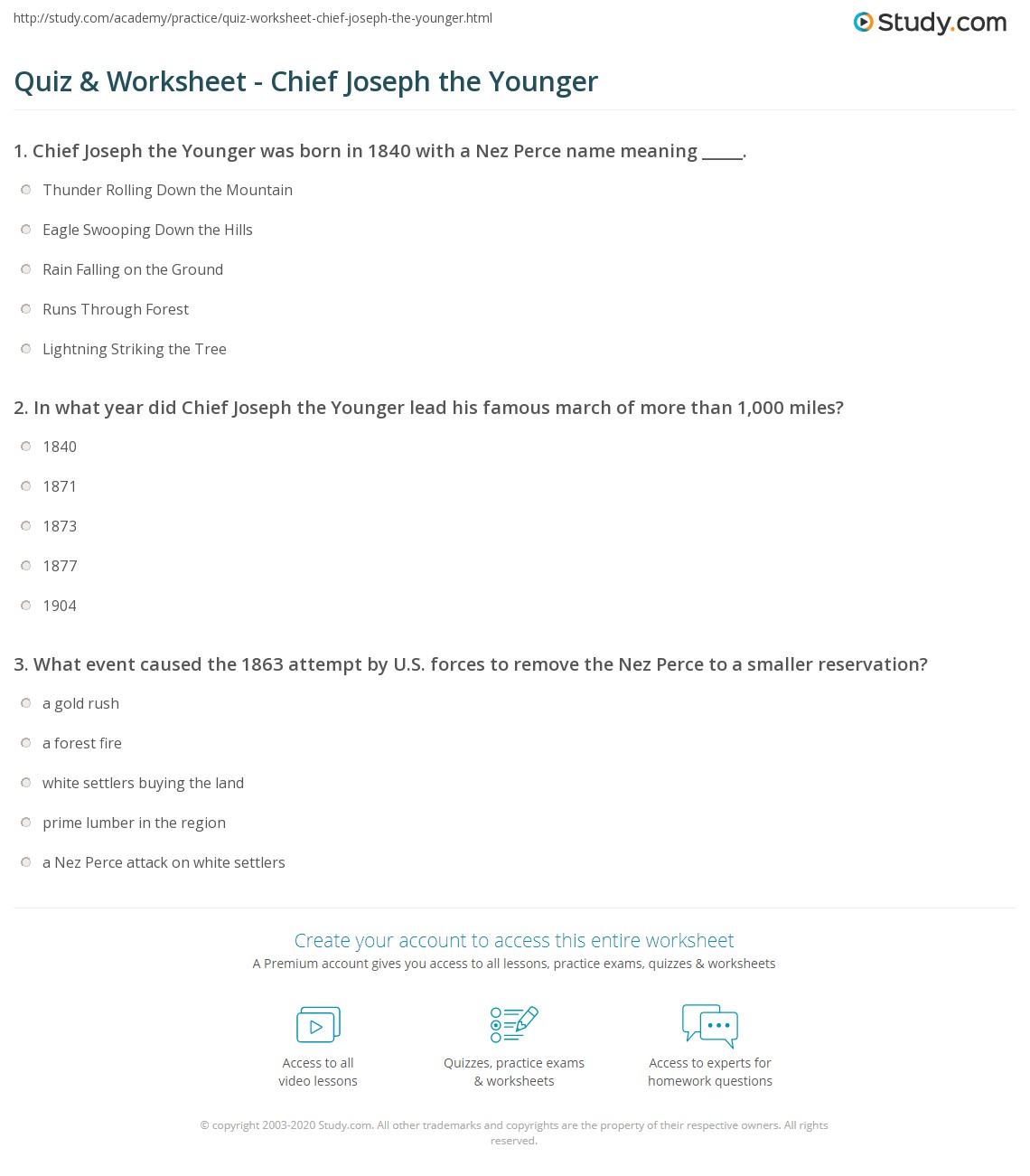 Quiz & Worksheet - Chief Joseph the Younger | Study.com