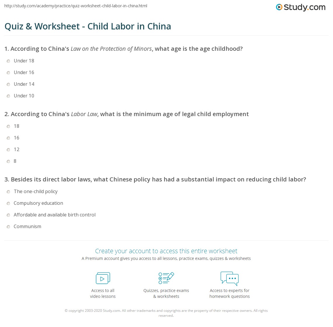 Quiz & Worksheet - Child Labor in China | Study.com
